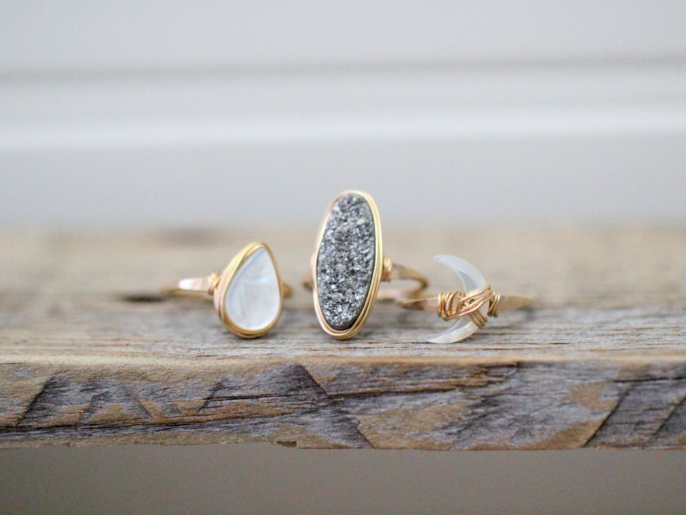 Long Oval Druzy Ring - Platinum - Saressa Designs®